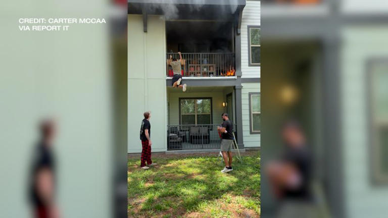 Video: Heroic neighbor jumps onto second-floor balcony to put out fire ...
