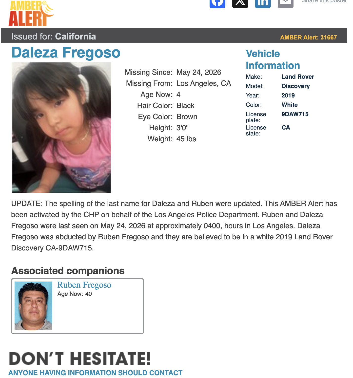 Amber Alert issued for 4-year-old girl abducted from LA
