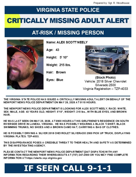 Critically missing adult alert for missing NN man