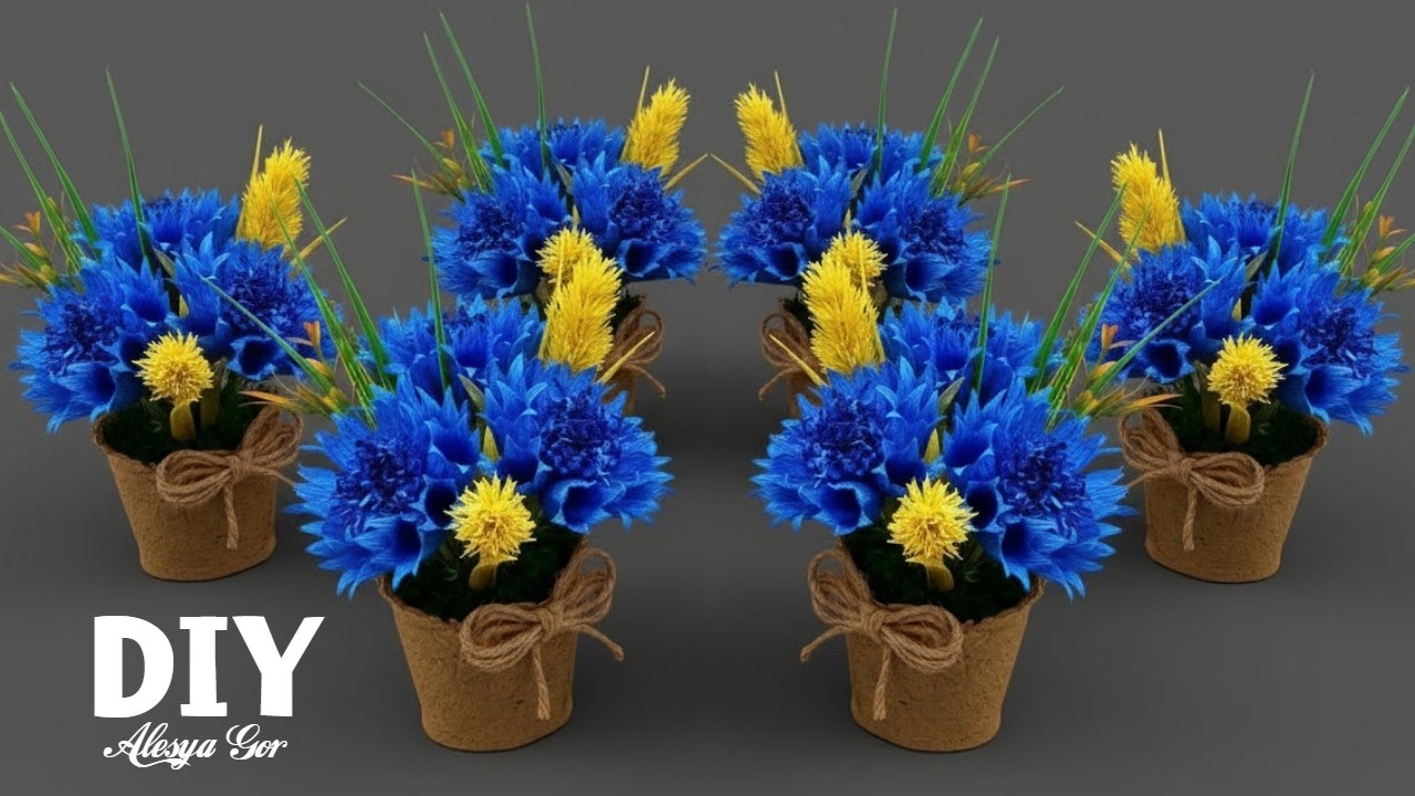 DIY stunning crepe paper cornflowers floral decor in a mini planter ...