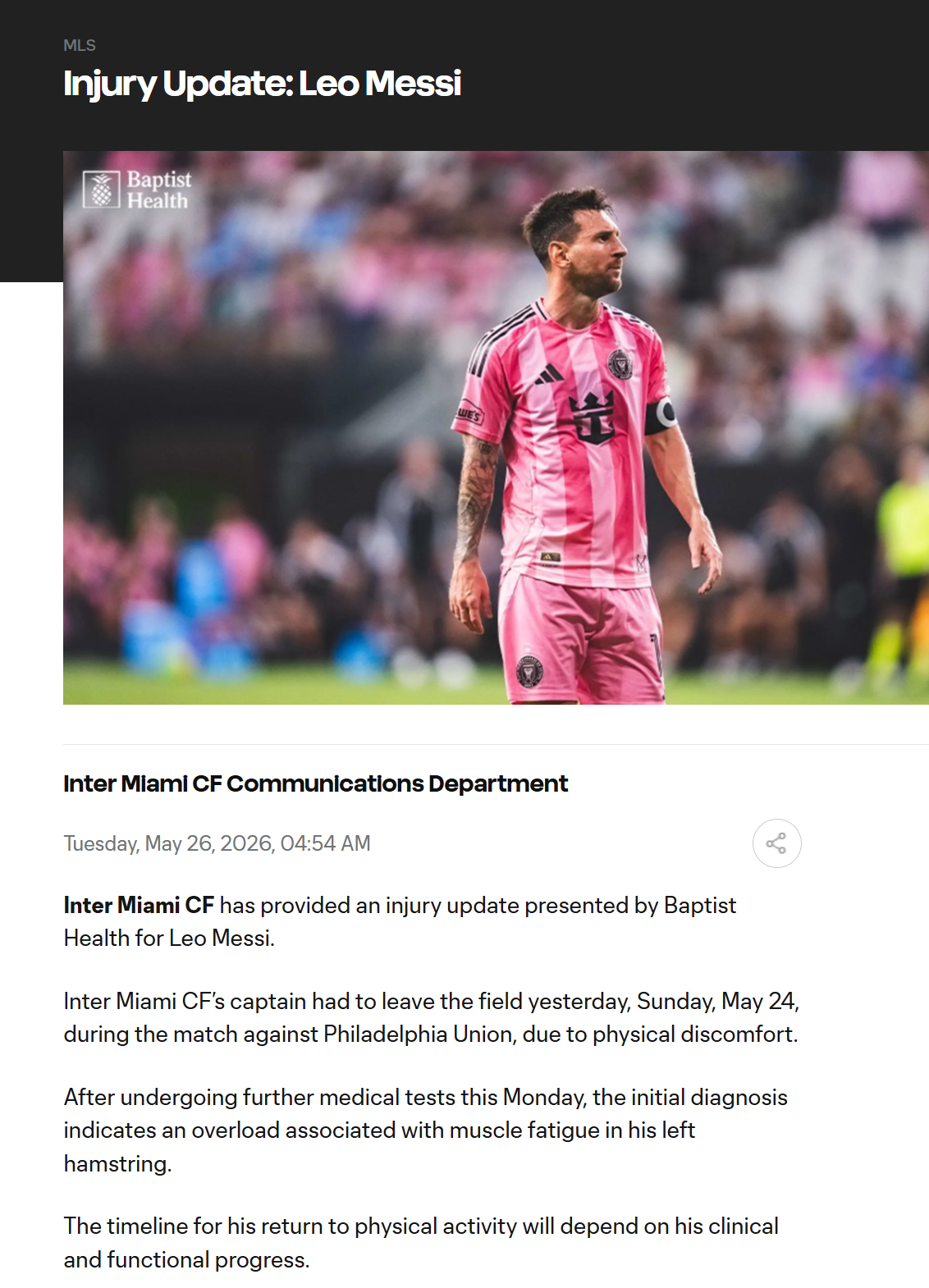 Inter Miami ra thông báo về tình trạng của Messi