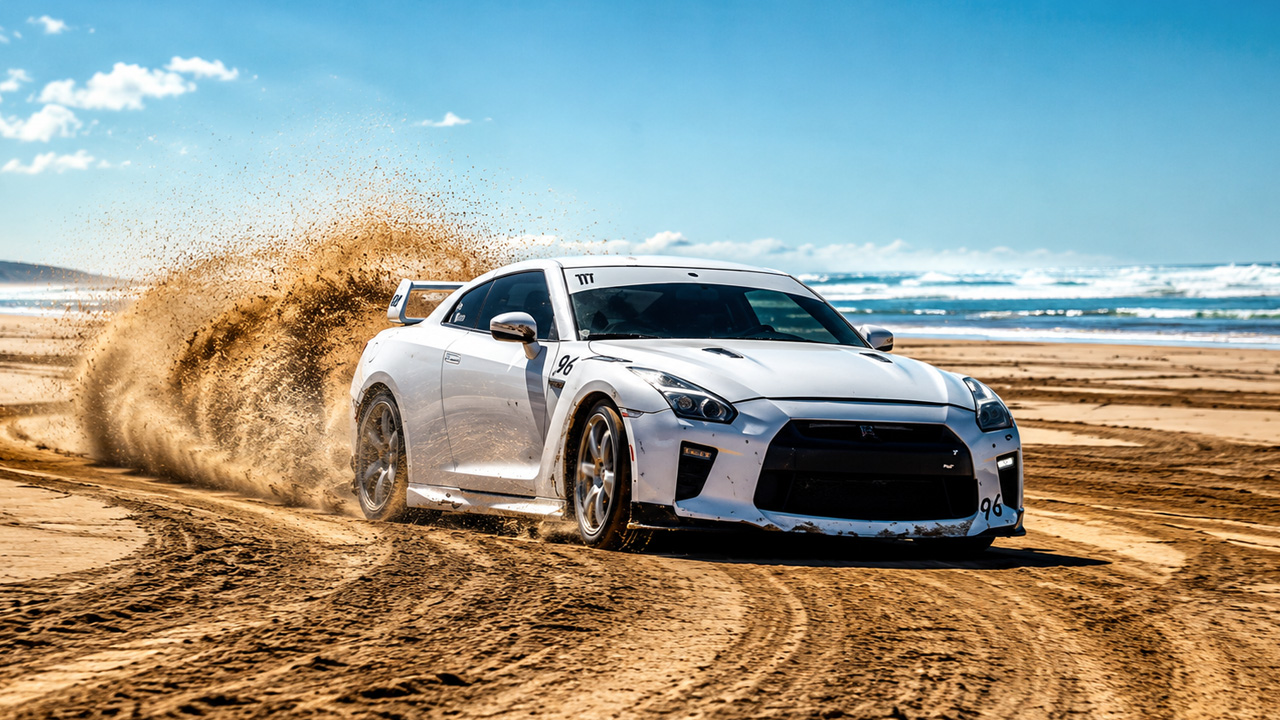 This GT-R beach drift gets seriously fast
