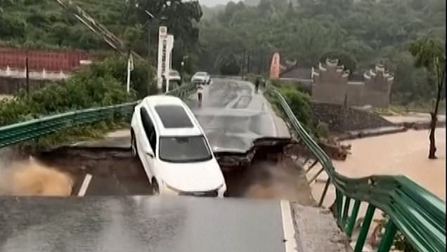 Moment bridge collapses sending car into fast-flowing river