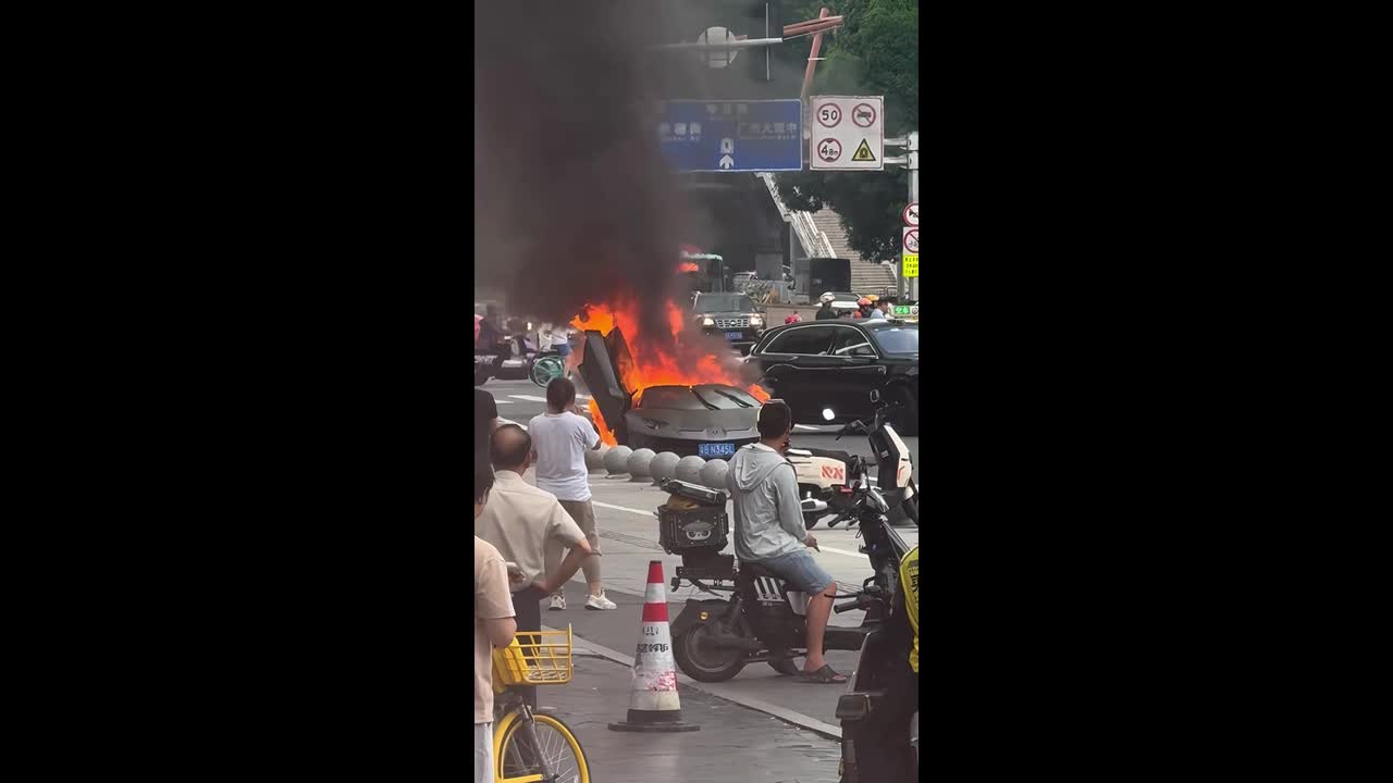 Lamborghini car catches fire on streets of China's Guangzhou