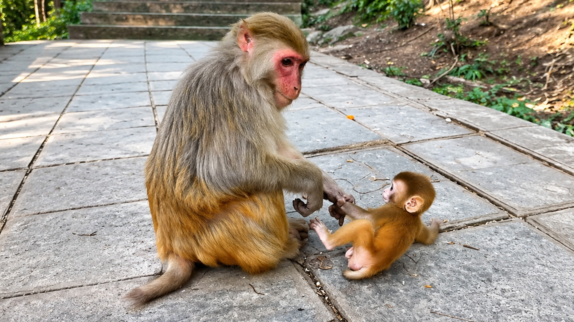 The mother monkey watches carefully while playing with her baby