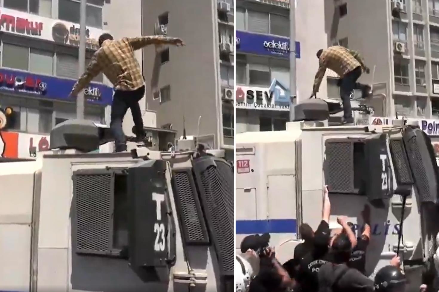 Özel'in mitinginde büyük gerginlik! Soluğu TOMA'nın üzerinde aldı