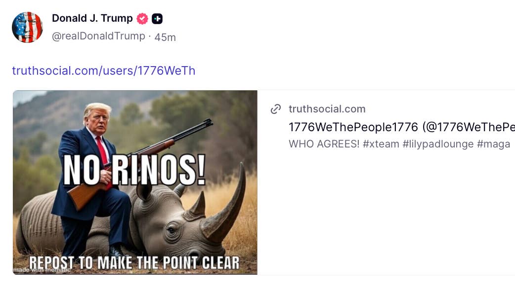 Trump shares meme holding a rifle over a dead RINO