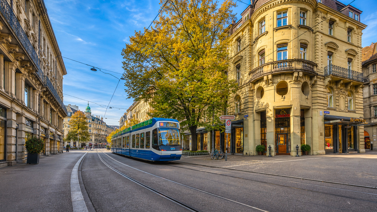 Zurich tram ride through elegant city streets