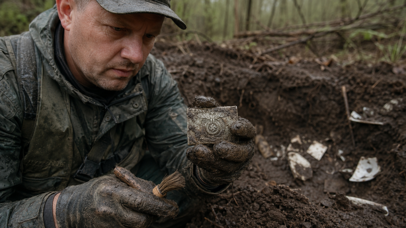 We found German, Soviet and American relics in one WWII camp