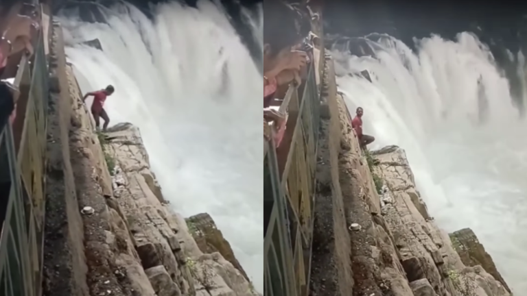 Olympics-level dive: Man casually dives into roaring Dhuandhar Falls ...