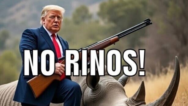 Trump shares meme holding a rifle over a dead RINO