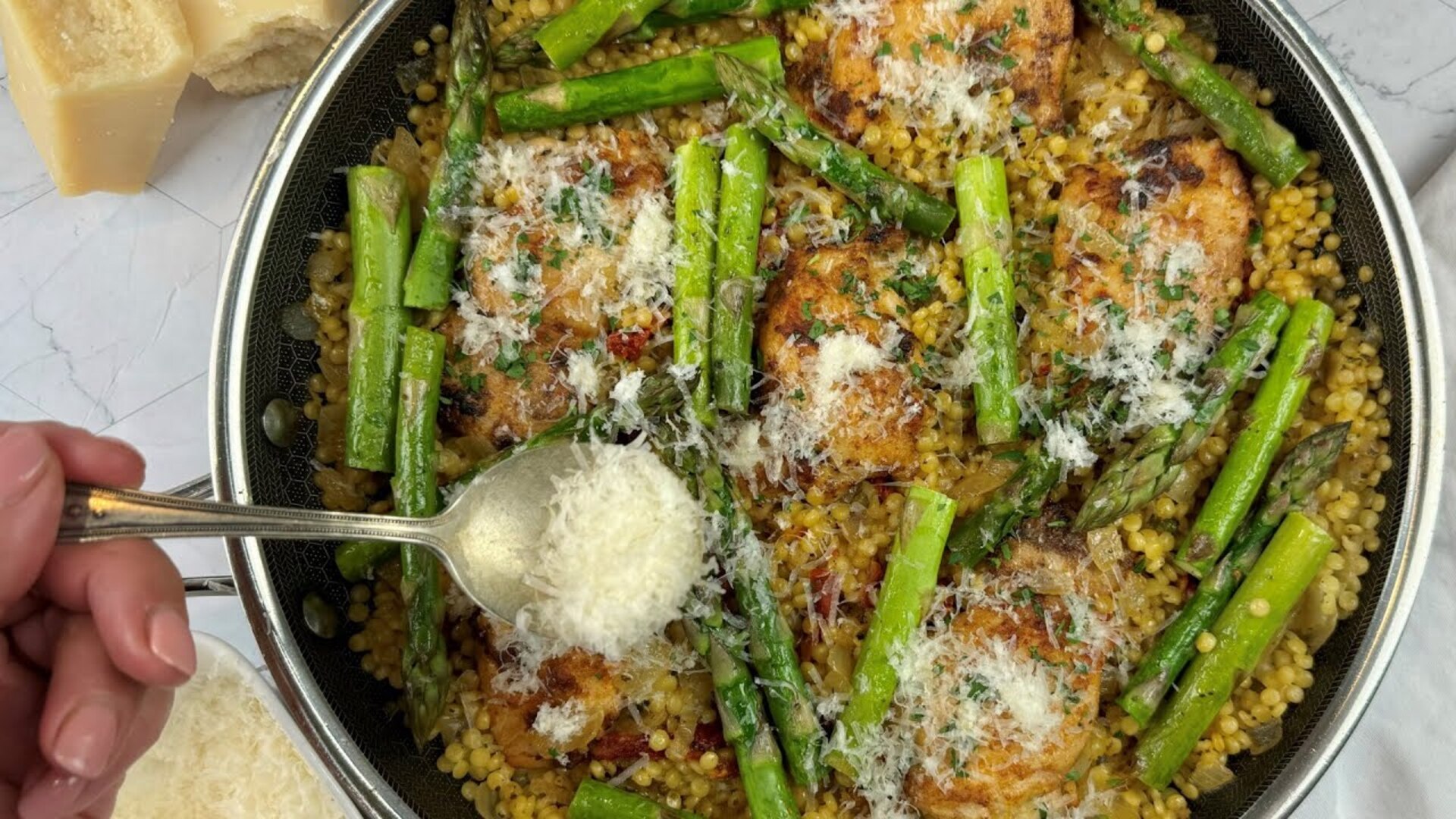 One-pot chicken couscous with parmesan and asparagus recipe