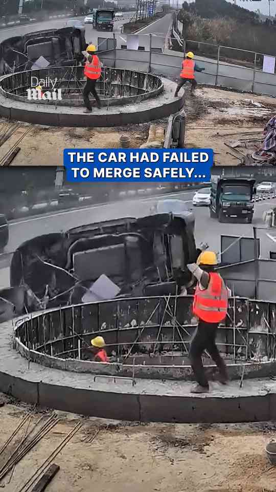 Out-of-control car crashes into construction pit in terrifying near miss