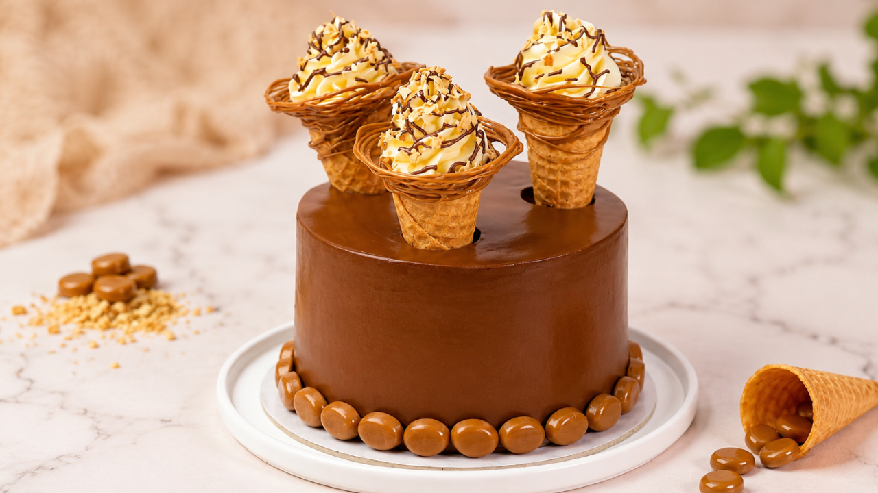 Caramel ice cream cone drip cake