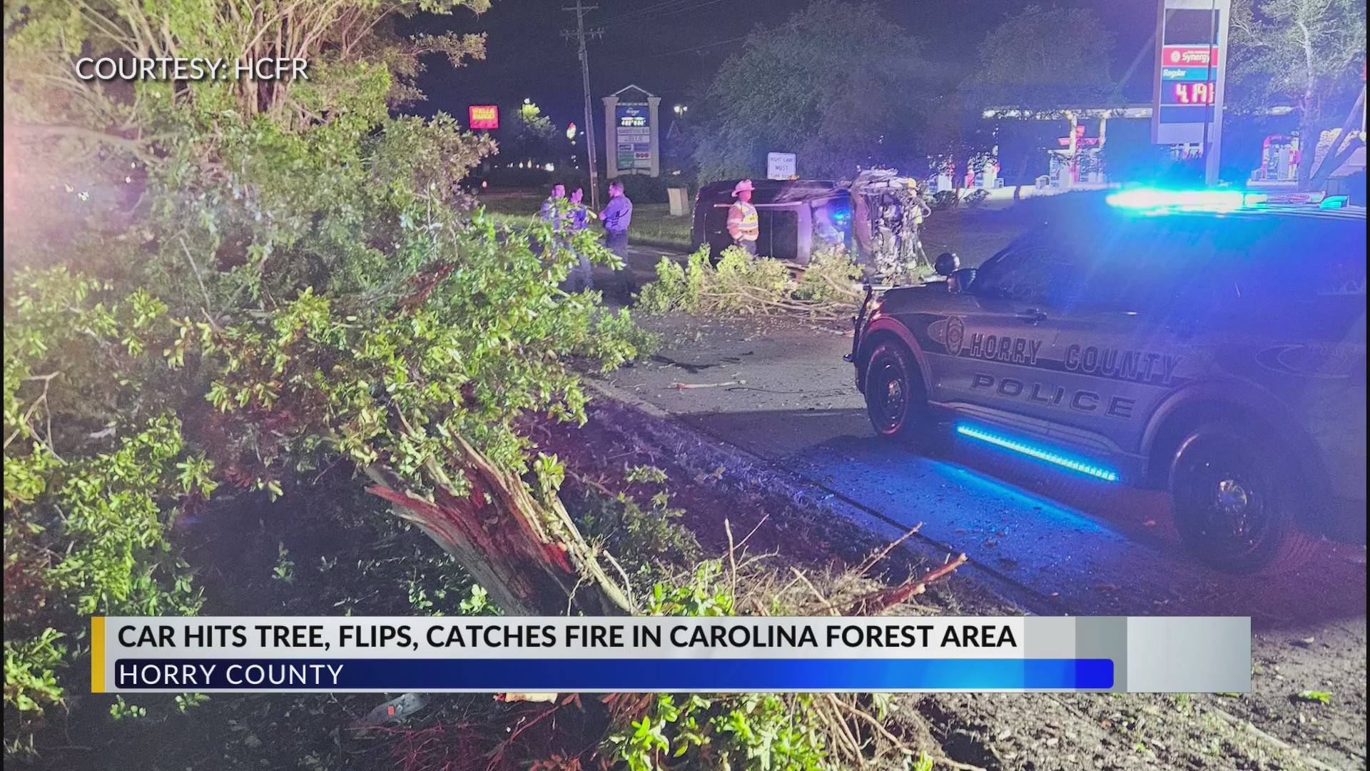 Car hits trees, overturns, catches fire on Carolina Forest Boulevard