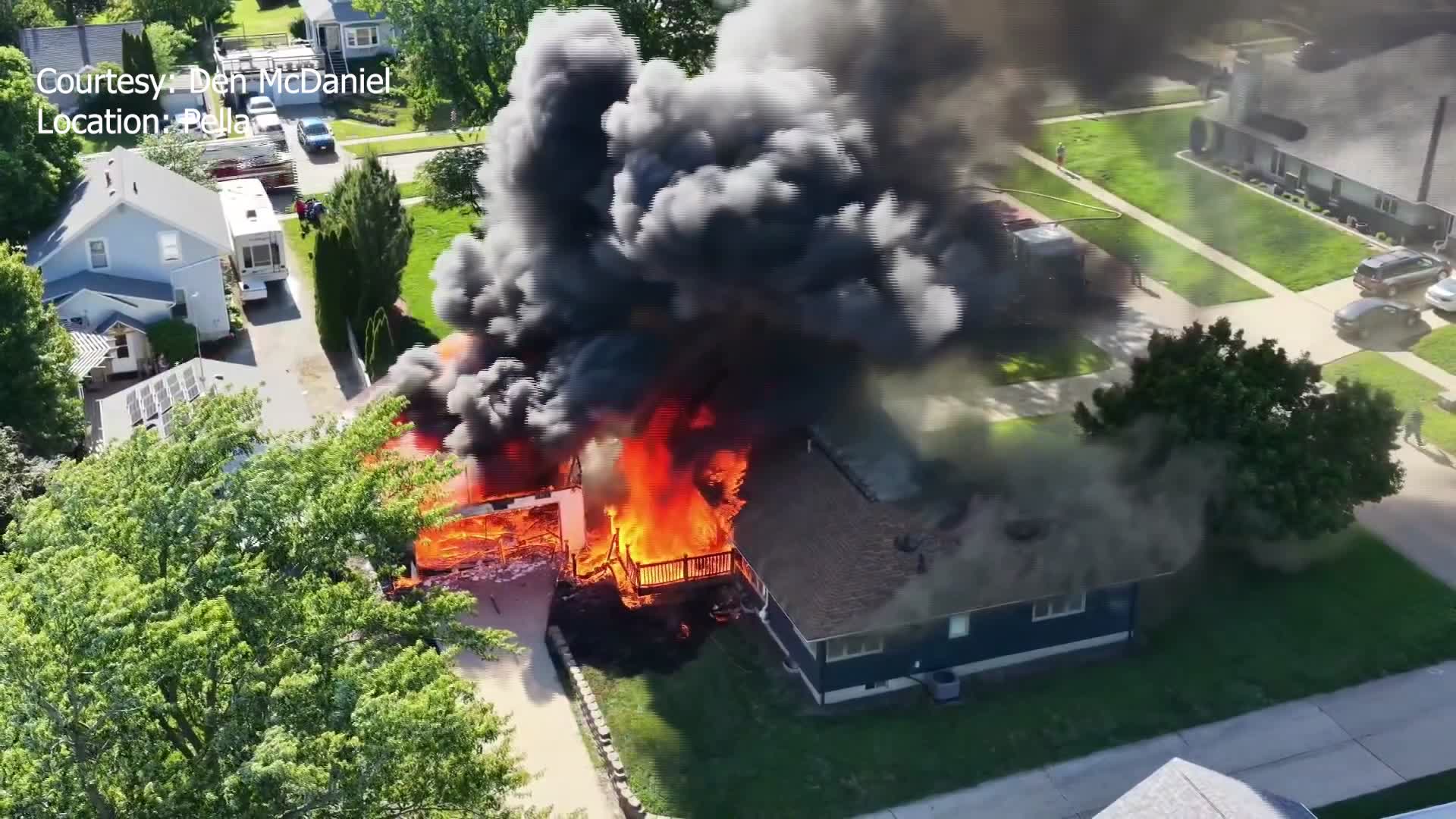 Drone video of flames and smoke from Pella fire on Memorial Day