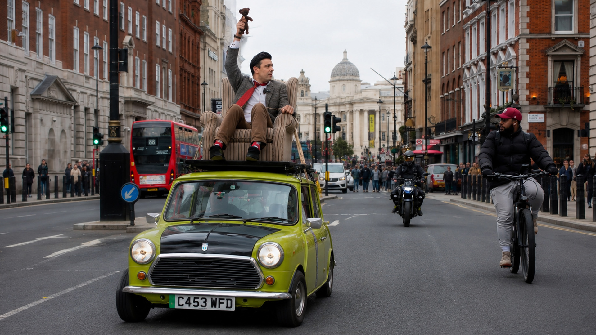 Driving through London in a Mr Bean style mini