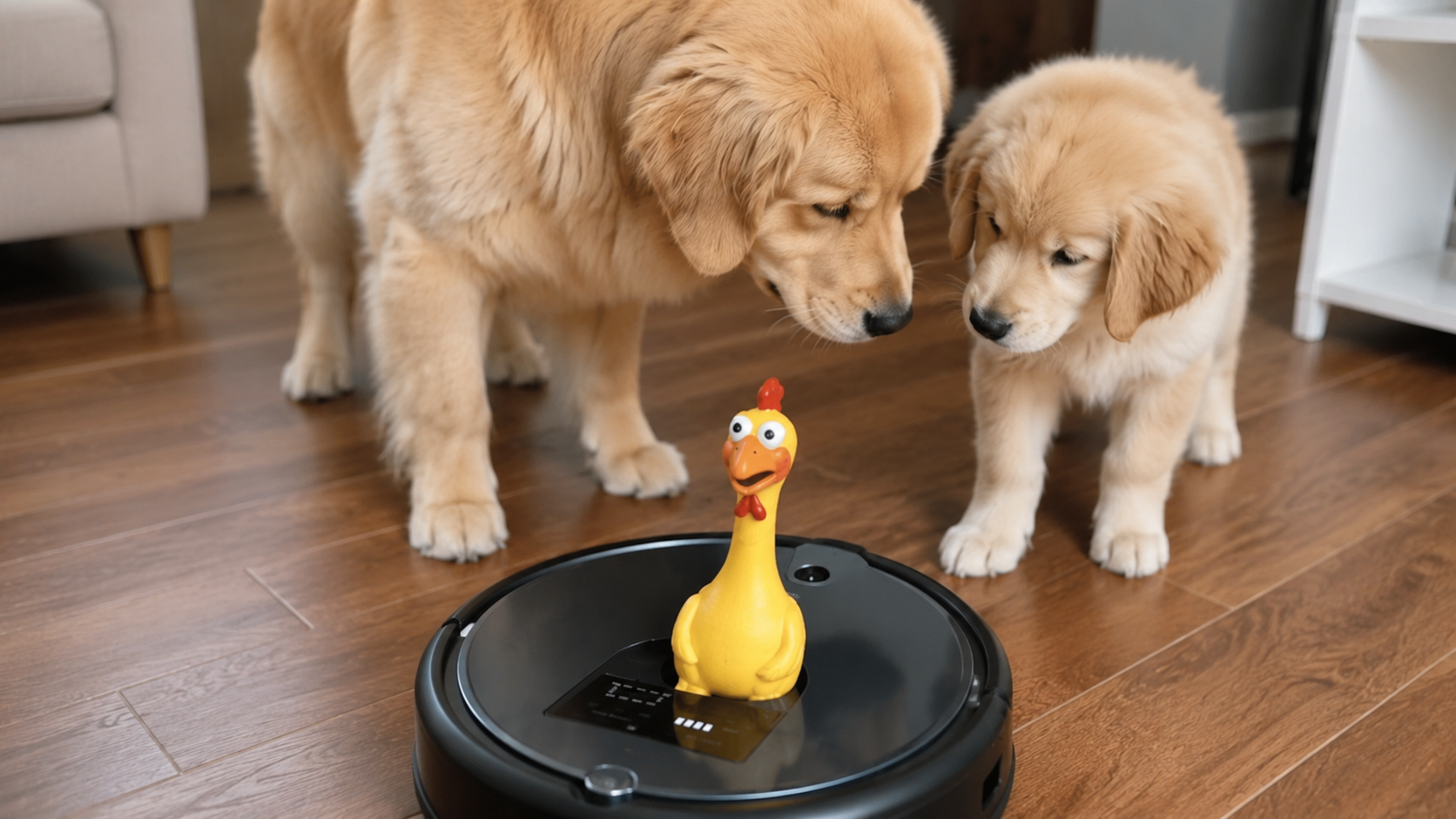Pet dog observes a robot vacuum in action