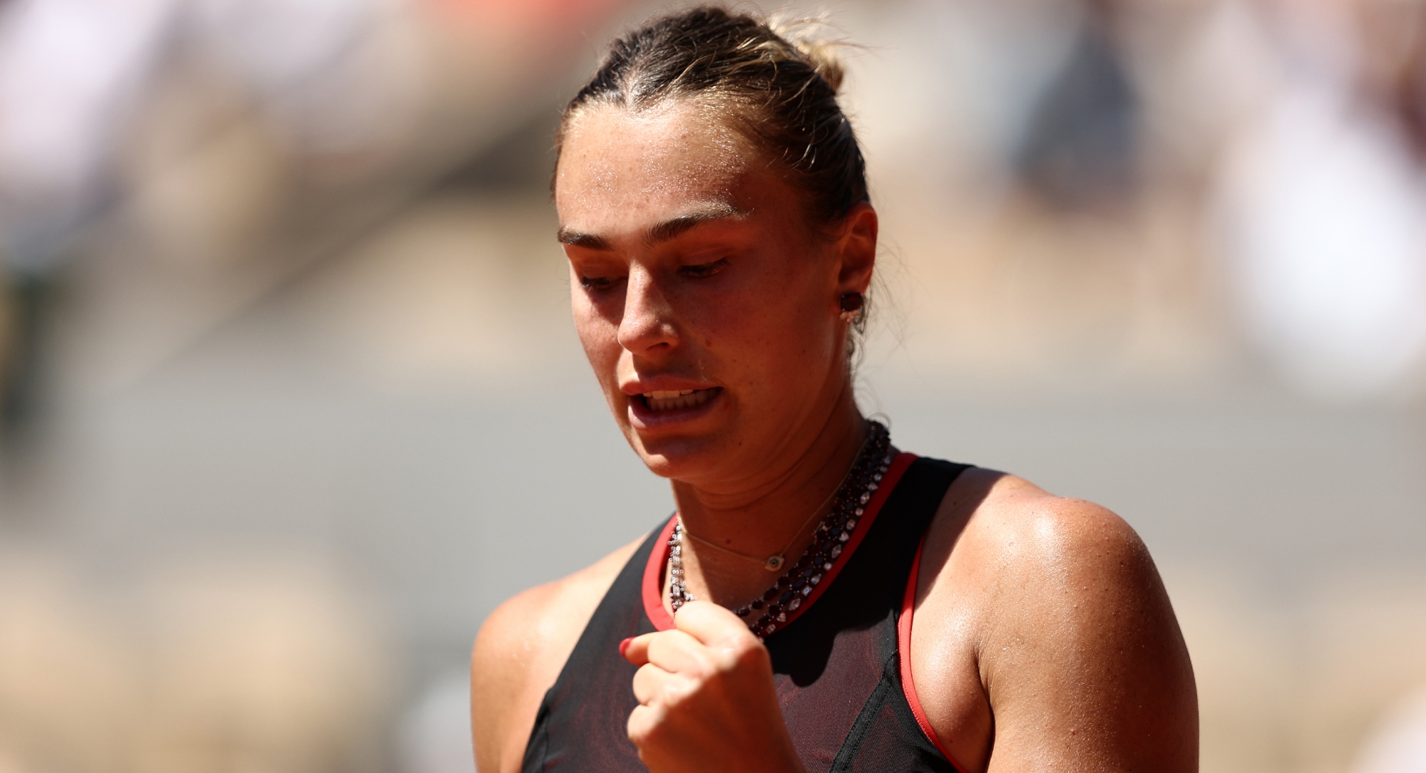 Aryna Sabalenka wears Material Good necklace at 2026 French Open