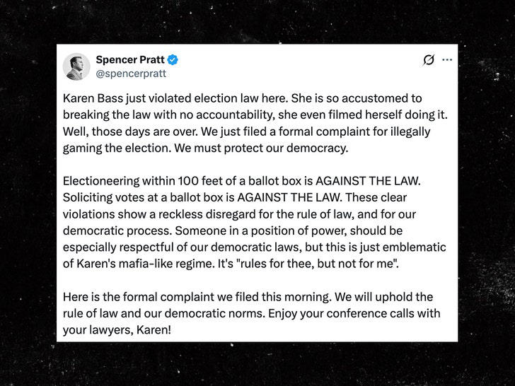 Spencer Pratt claims Karen Bass broke election laws near ballot boxes