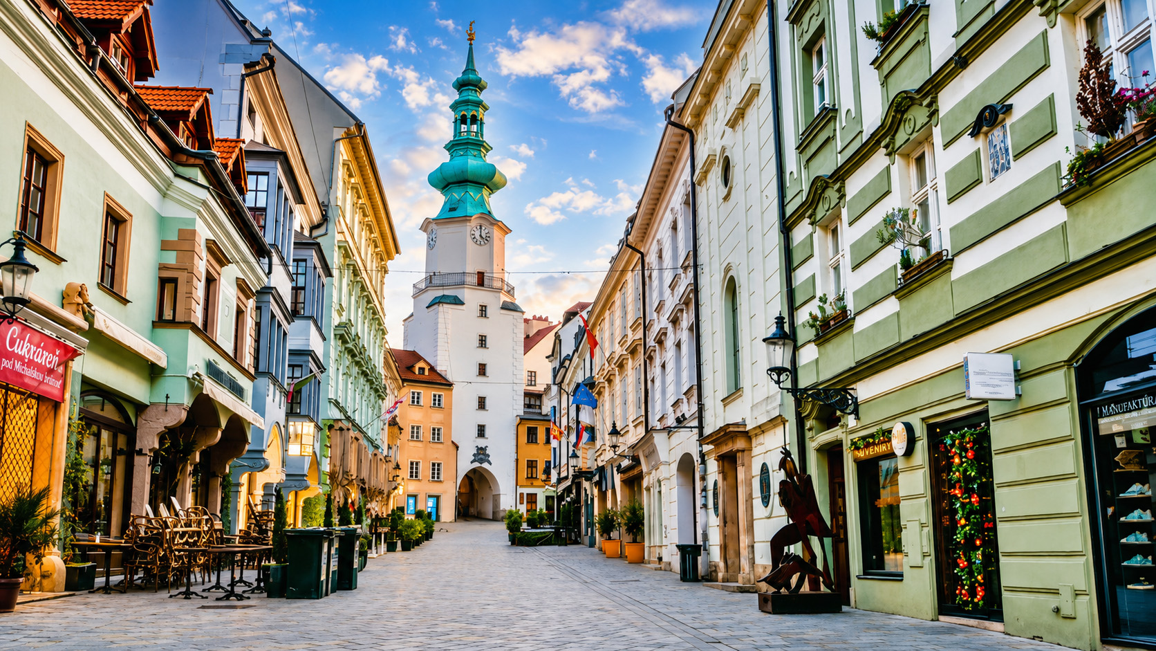 A historic street leading toward a towering clock tower