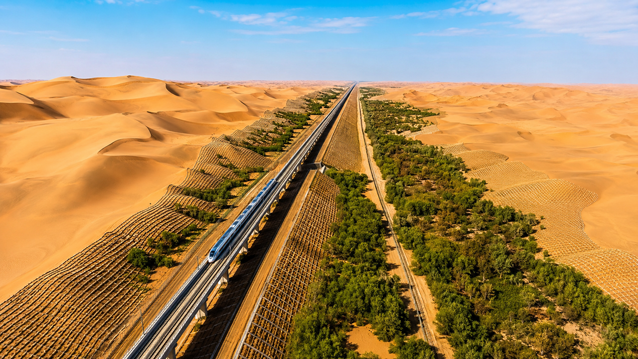 China completed a 2,700 km desert railway loop using straw grids, sand ...