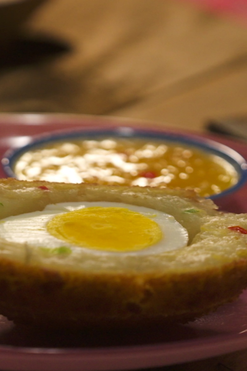 Crispy cassava egg balls with spicy wiri wiri