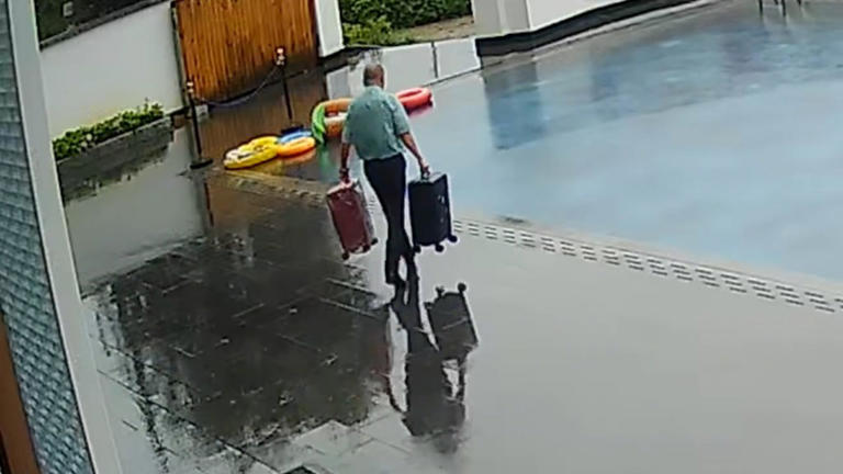 Cringe footage shows moment hotel worker accidentally falls into pool