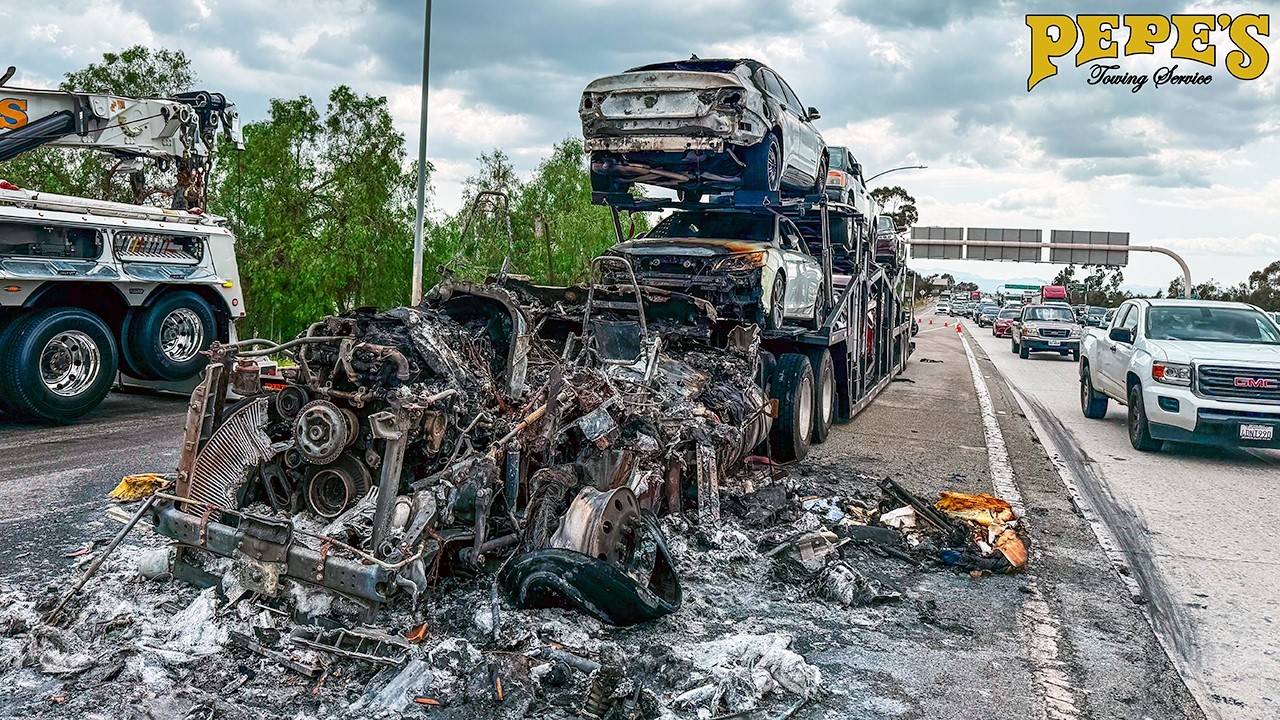 Car carrier caught fire on freeway