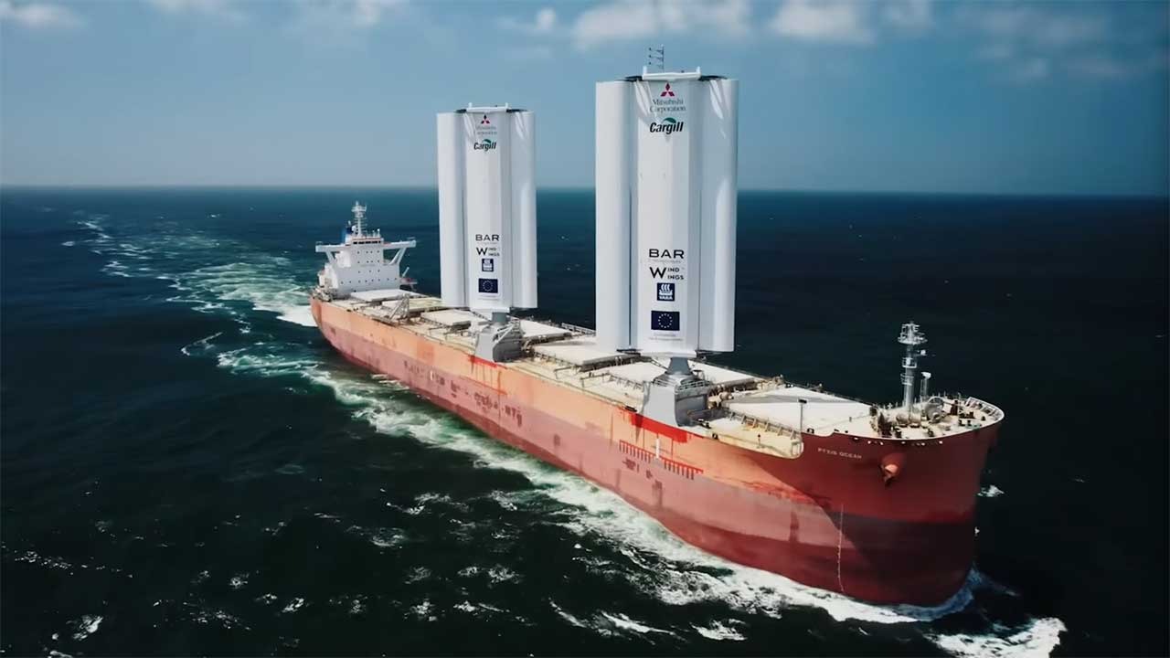 A massive cargo ship just crossed the Atlantic with rigid wing-sails ...