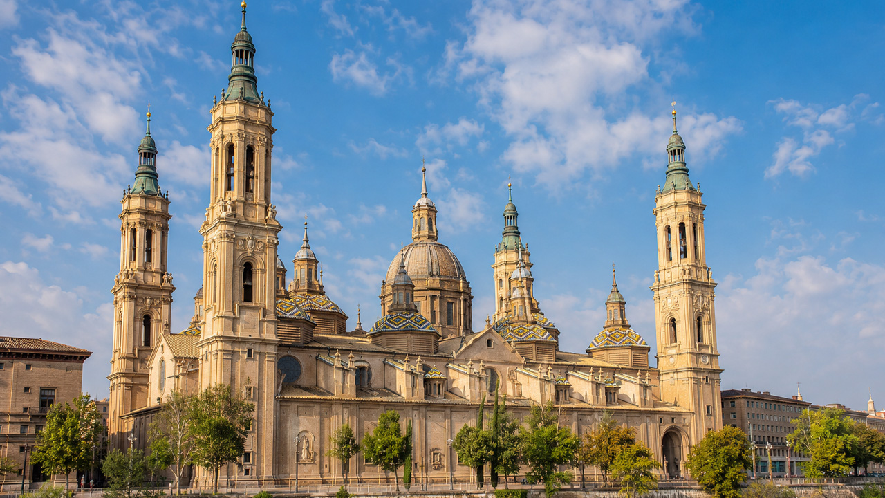 Zaragoza Basilica Glowing beneath a Bright Blue Sky