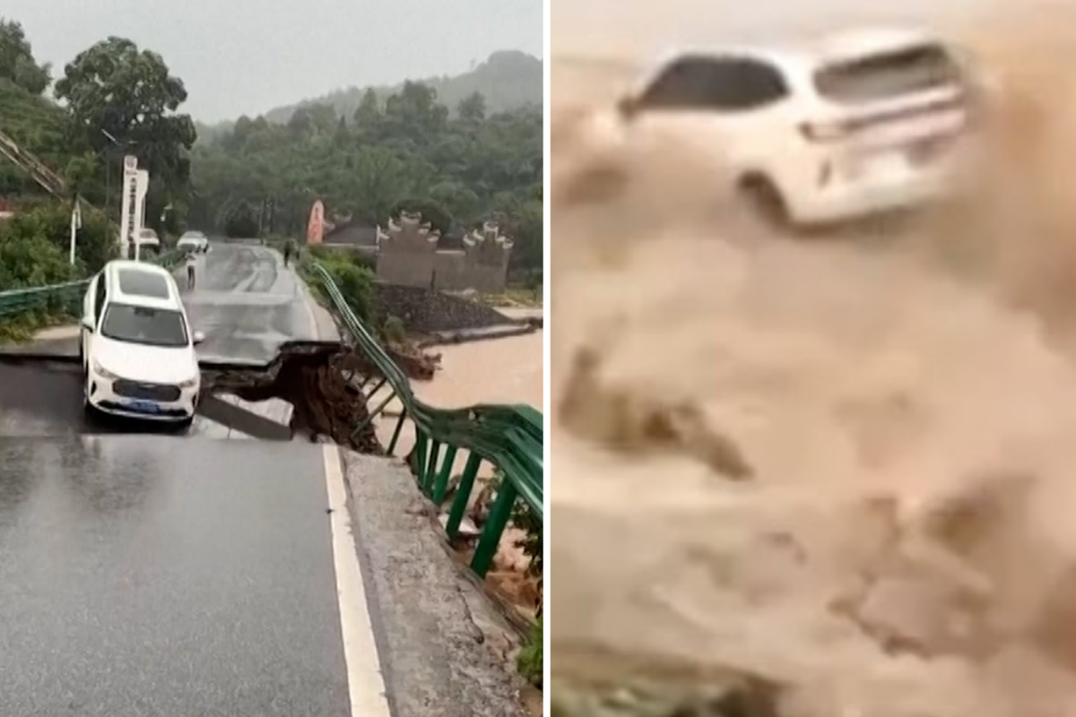 Moment car is dragged into raging flood waters as bridge collapses