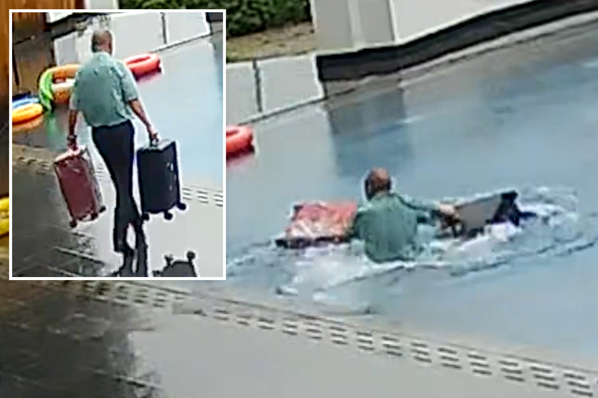 Cringe footage shows moment hotel worker accidentally falls into pool