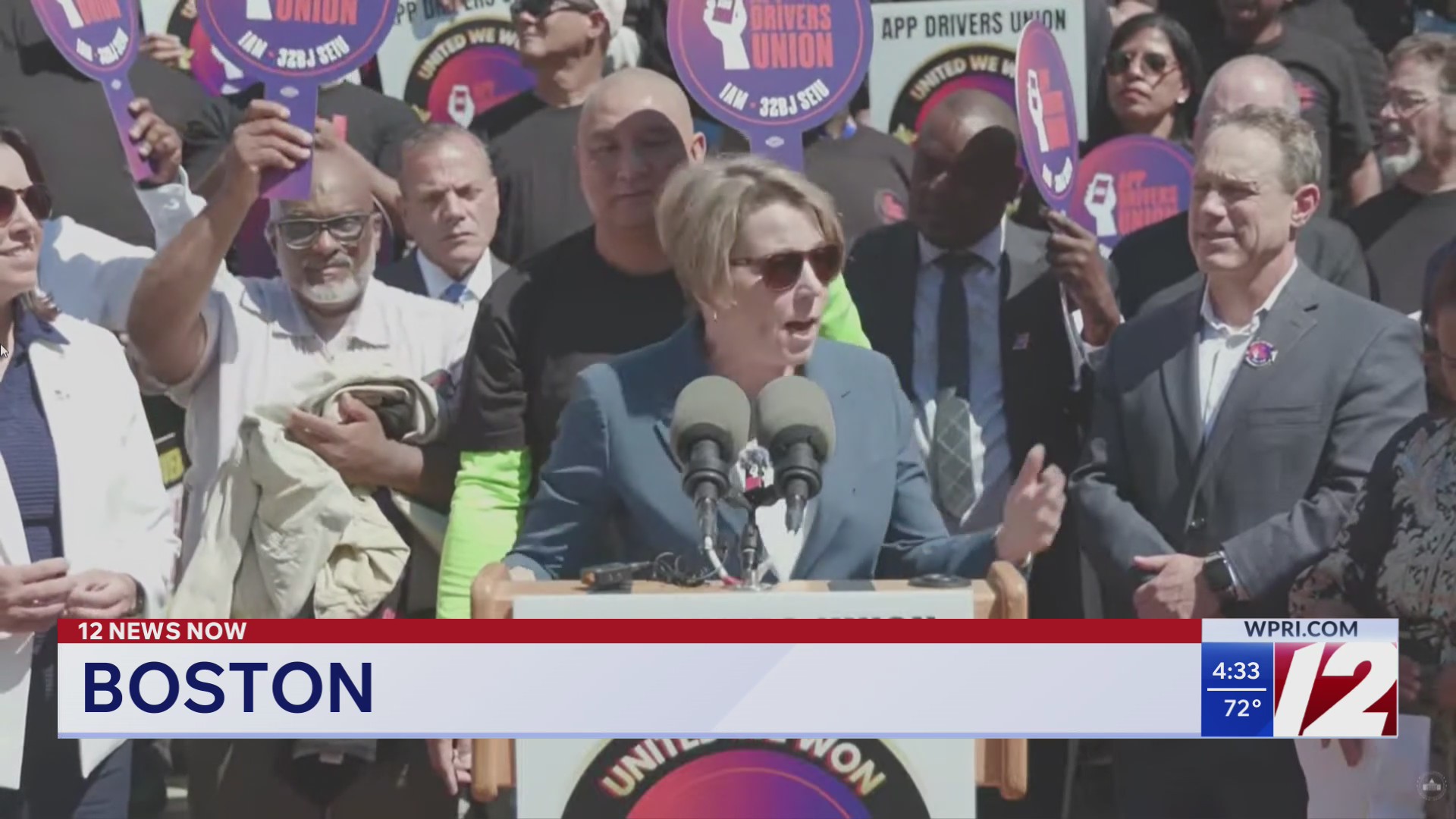 Maura Healey rallies with labor leaders and members at the Statehouse