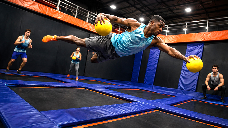 Trampoline dodgeball turns into parkour battle chaos