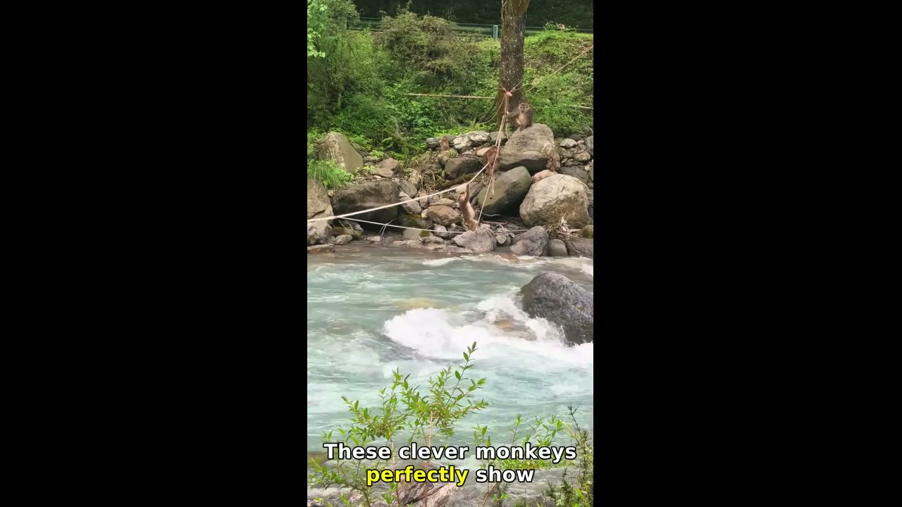 Macaques navigate rope bridge over river in Sichuan