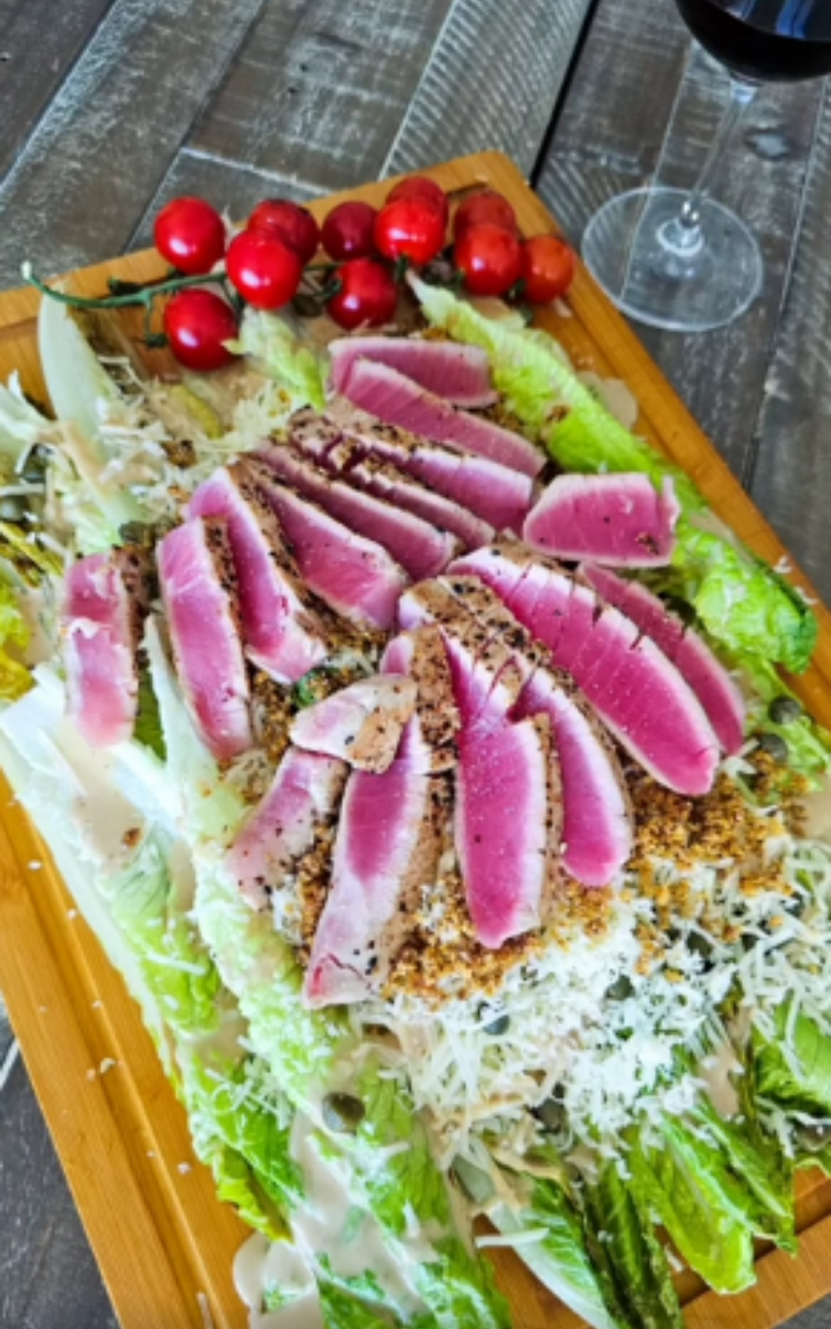 Charred miso ahi Caesar salad tower: Bold flavor fusion recipe explained