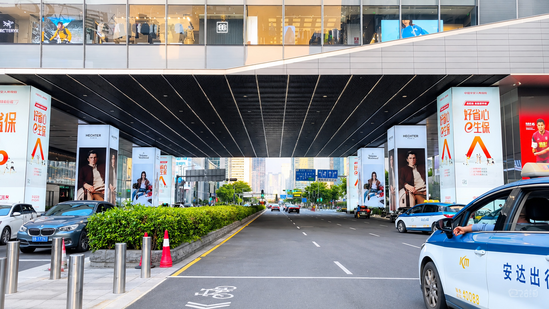 Driving beneath a massive urban shopping complex in China