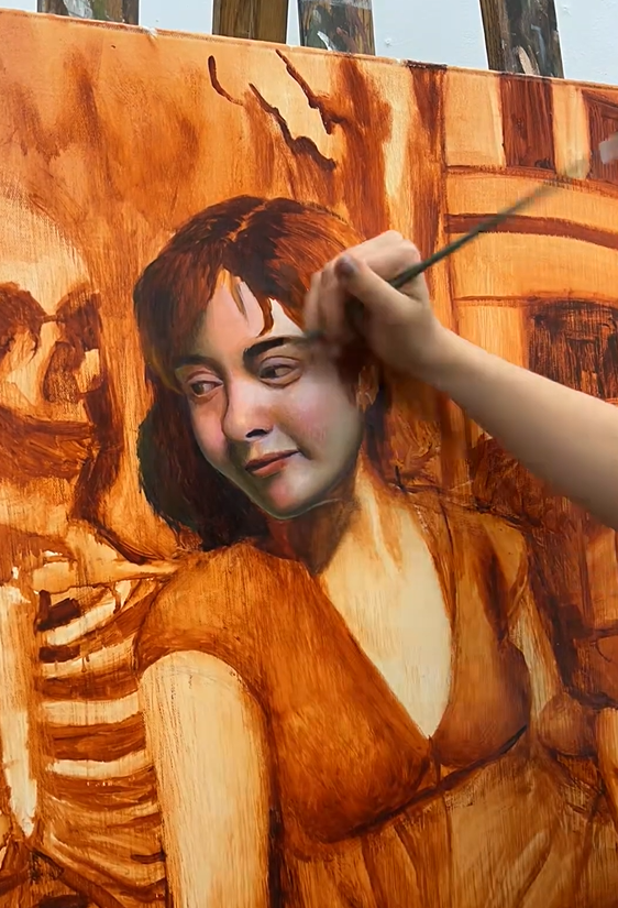 Early stages of a portrait painting: Building the face step by step