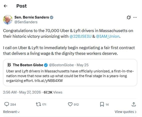 Bernie Sanders hails Uber, Lyft 70,000 driver unionization, labels it a ...