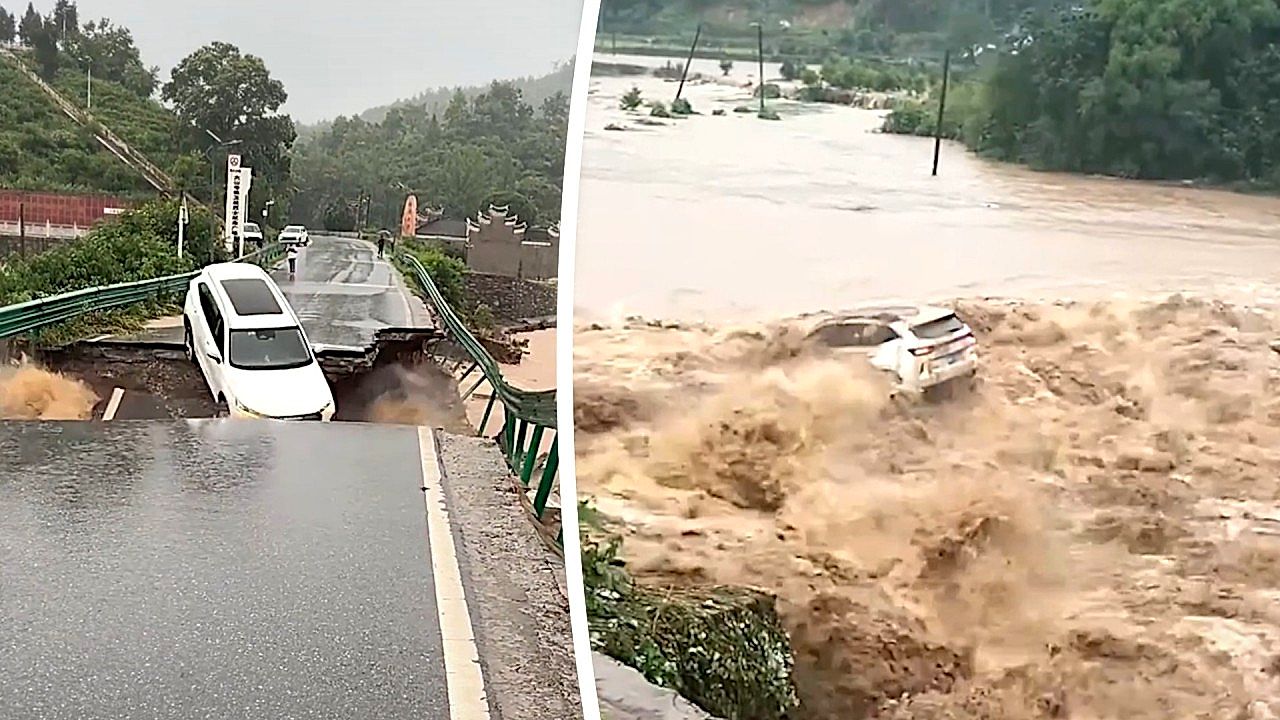 Car plunges into floodwater as bridge collapses under heavy rainfall in ...
