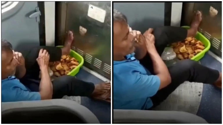 Food vendor seen resting feet on samosa basket in moving train ...