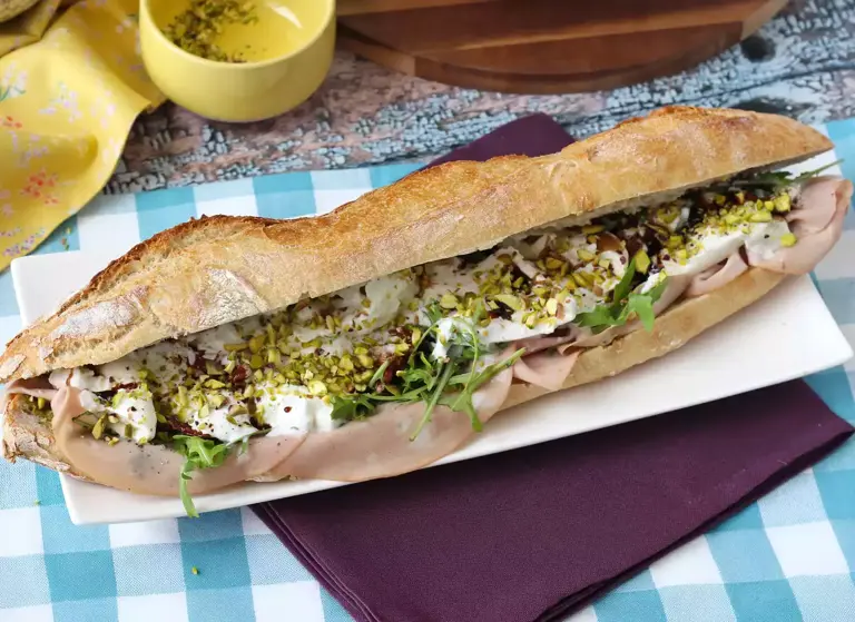Gourmet Italian mortadella and burrata sandwich