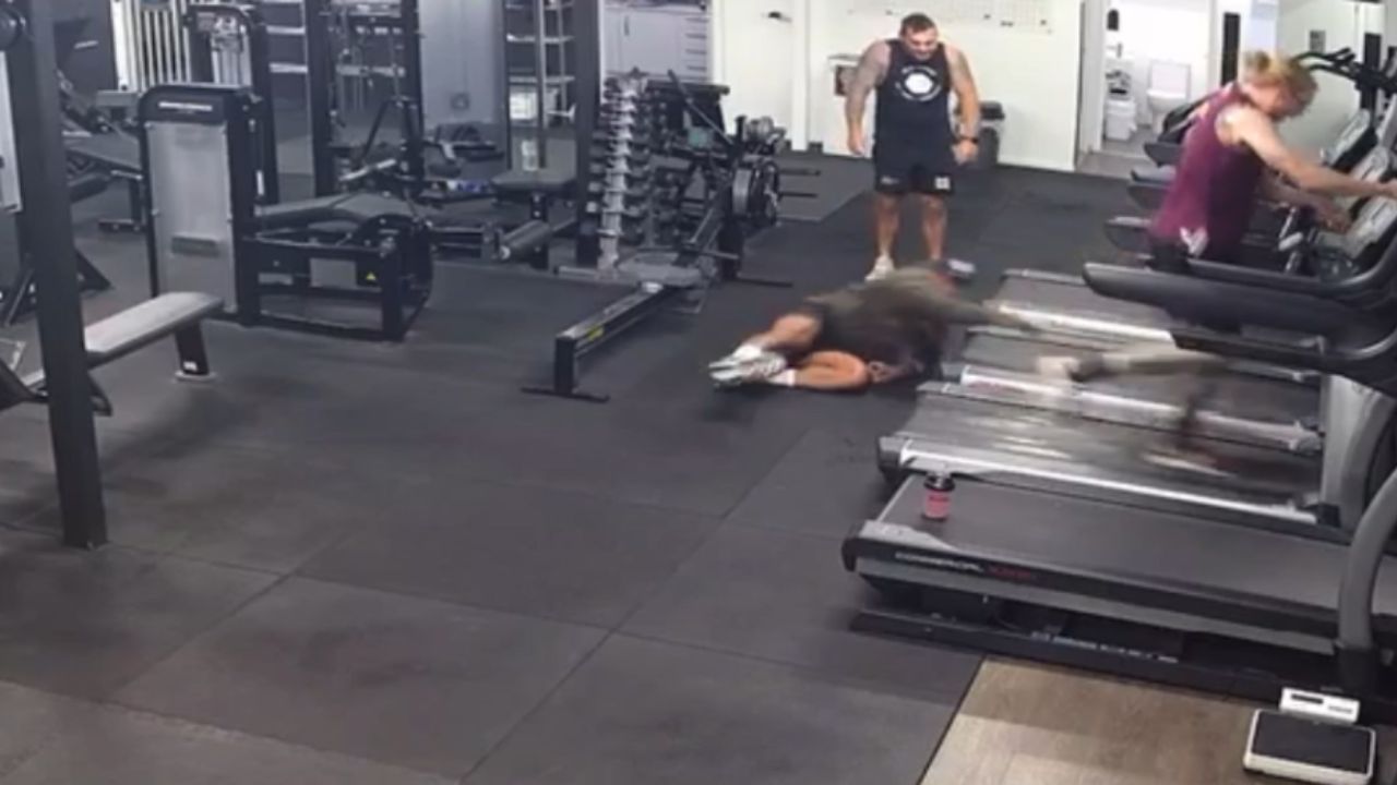 Gym trainer with coffee cup takes a spill on a treadmill *funny gym ...
