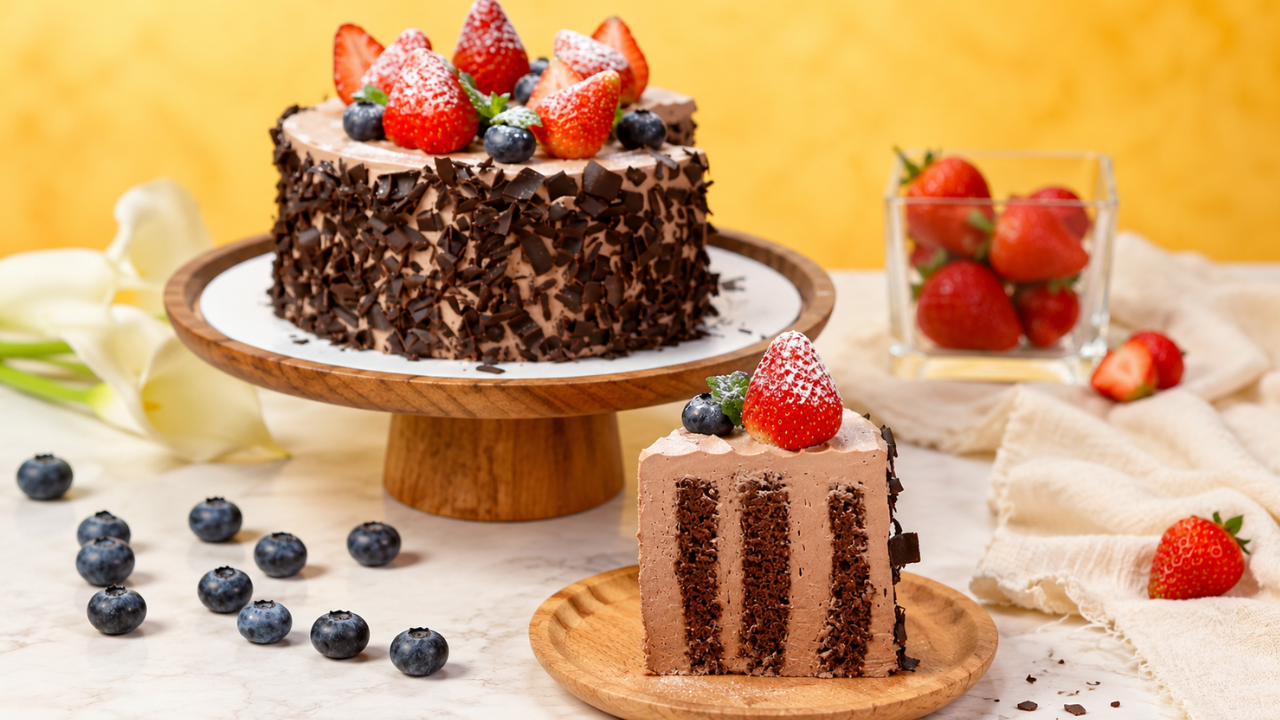 Chocolade-bessencake met romige vulling