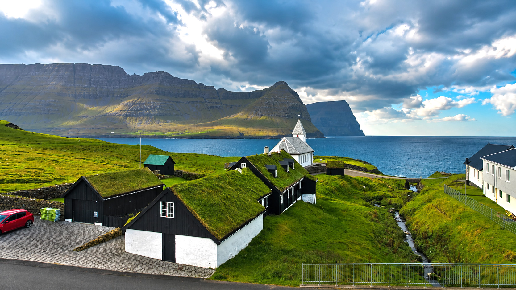 A remote Faroe Islands village between cliffs and ocean