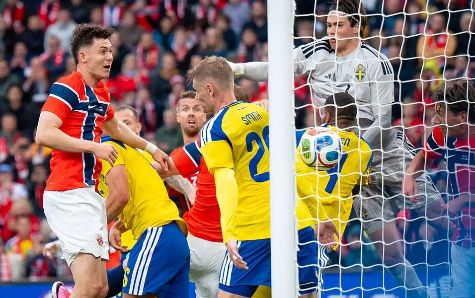 Larsen brace powers Haaland-less Norway past Sweden 3-1