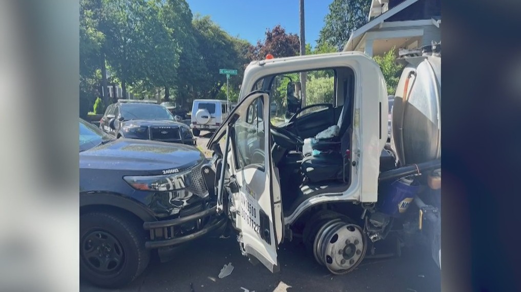 Stolen oil tank truck rammed into multiple police cars, suspect in custody