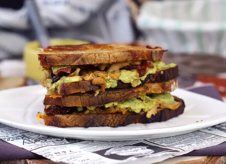 Maxi grilled cheese sandwich: cheddar, shredded chicken, avocado, bacon