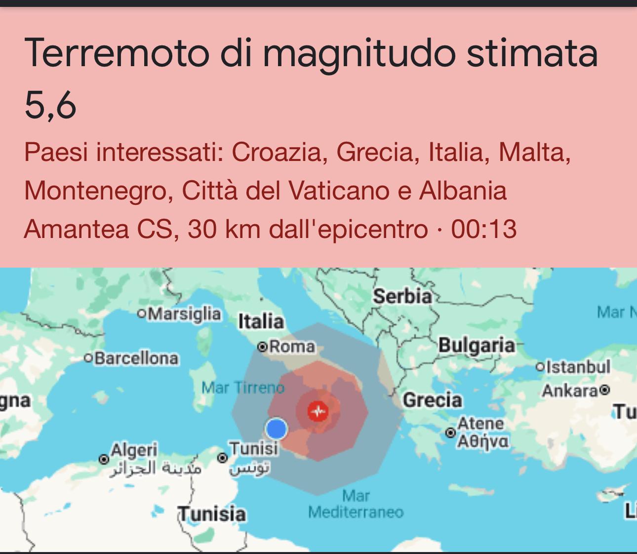 Terremoto di magnitudo 6,2 in Calabria avvertito anche a Palermo